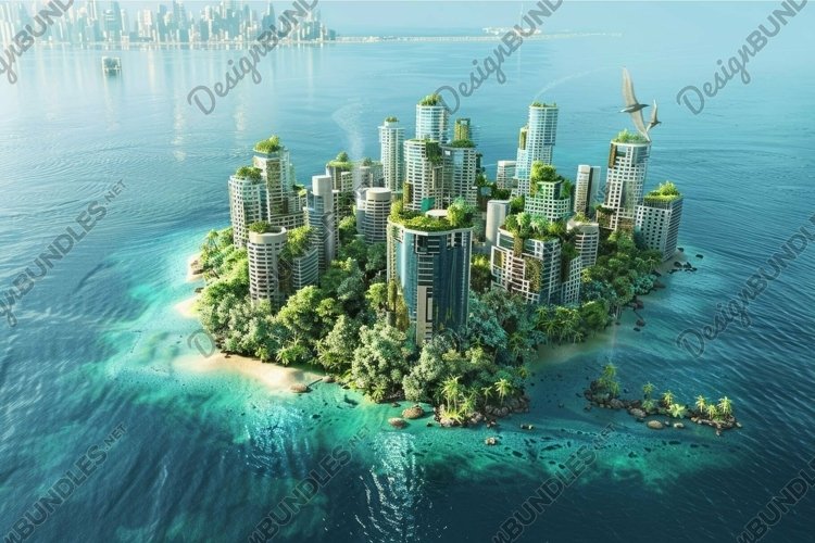 Ecofriendly cityscape on an island with lush greenery and mo