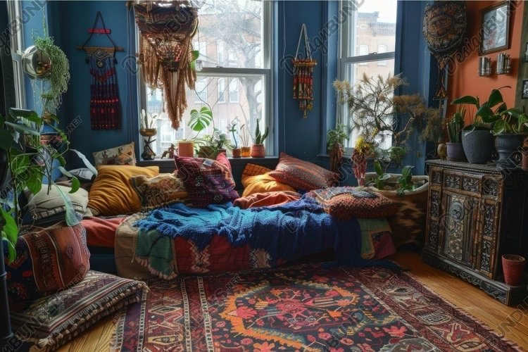 Cozy bohemian chic living room decorated with exotic plants