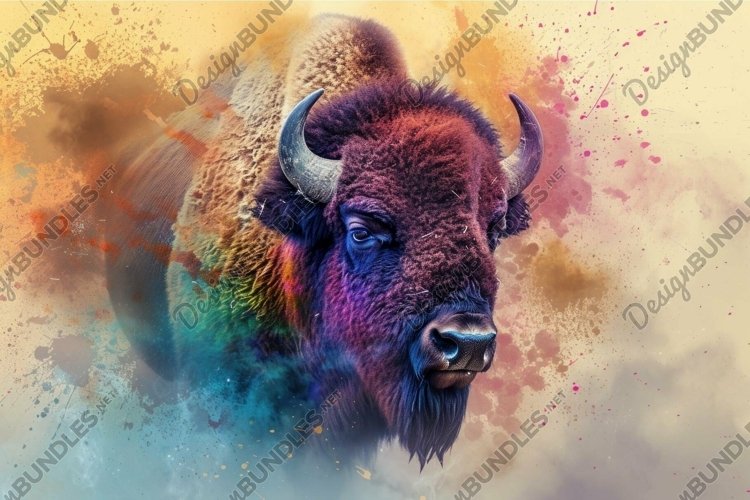Lively Colorful bison splashes. Generate Ai
