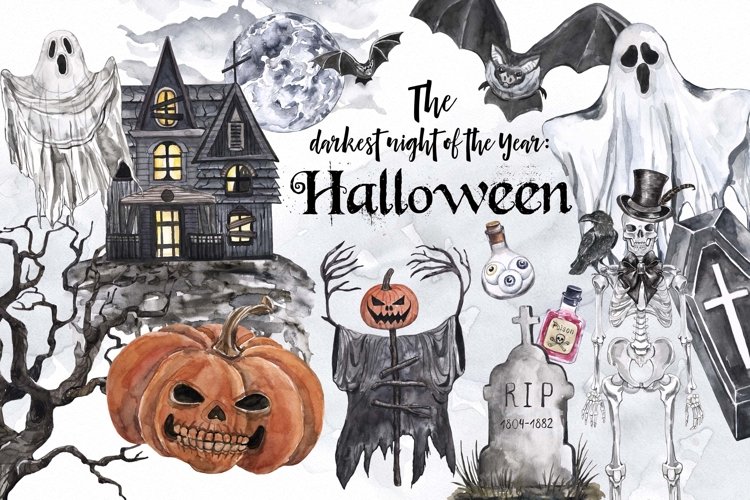 Vintage Halloween clipart Watercolor illustrations set