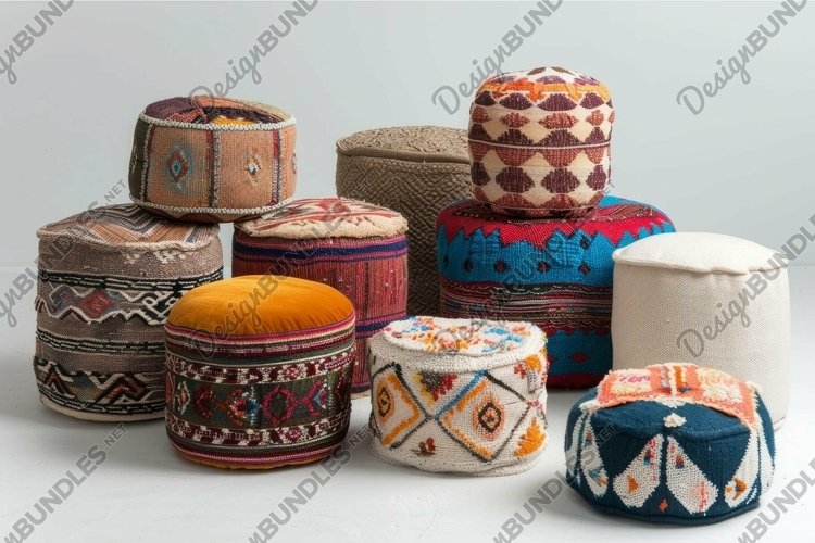 Assortment of traditional handwoven poufs