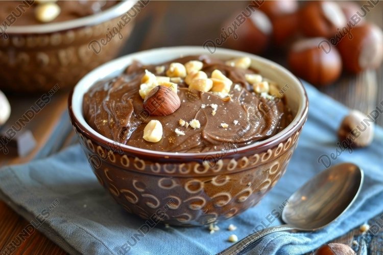 Delicious chocolate hazelnut dessert pudding being served in