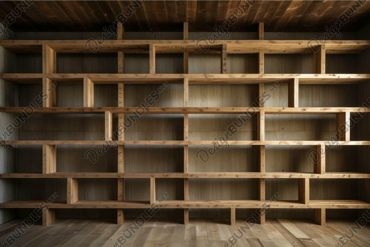 Empty wooden bookshelves in modern interior