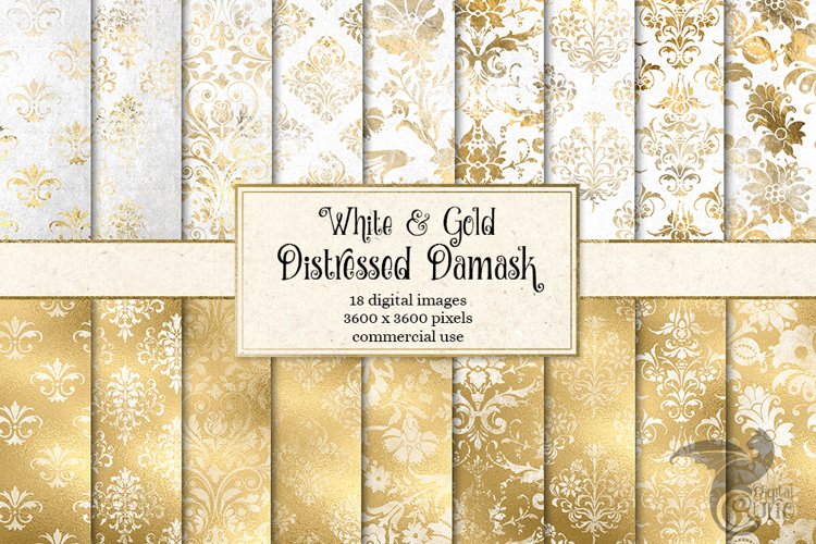 White and Gold Distressed Damask Digital Paper