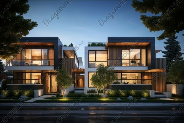 Modern luxury twin houses at dusk