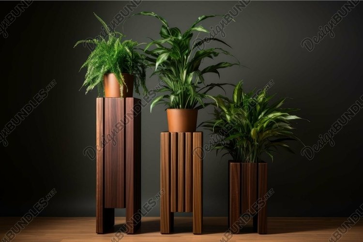 Elegant indoor plants on wooden pedestals