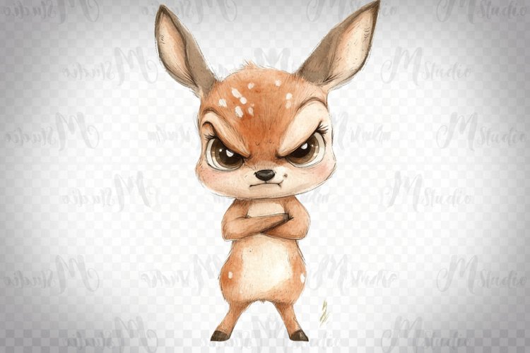 Grumpy Baby Deer - Cute Watercolor Animal Clipart PNG