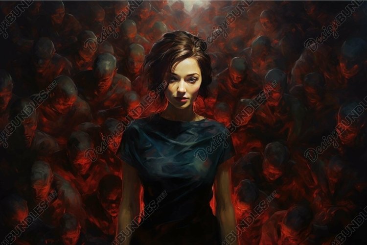 Woman amidst shadowy figures in surreal artwork