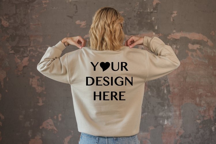 Back of sweatshirt mockup Sand Gildan 18000 crewneck mockup
