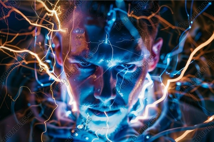 Man experiencing intense energy flow with electric current e