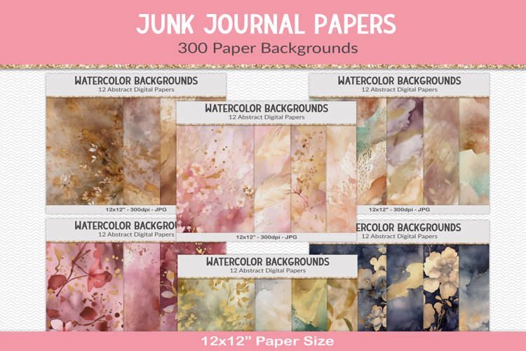 Junk journal paper bundle, abstract watercolor backgrounds