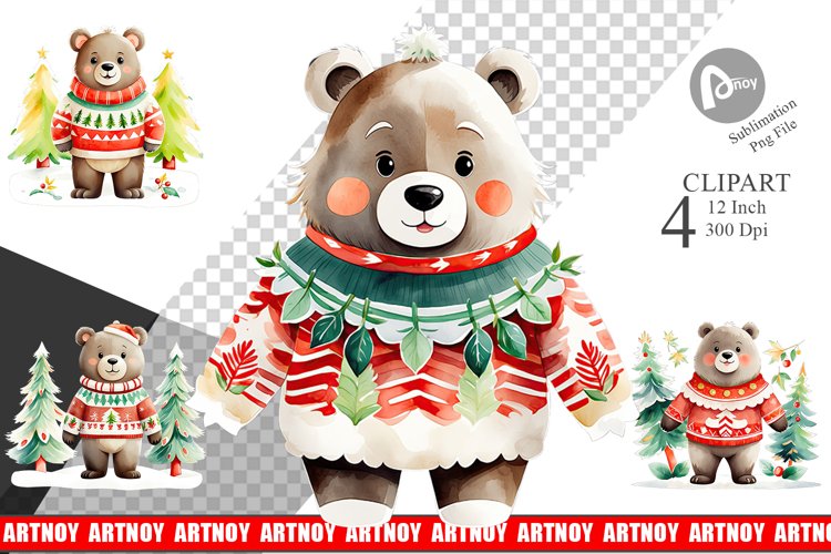 Watercolor Bear Christmas Clipart (4784879)