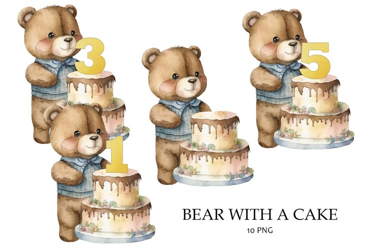 Watercolor boy bear with a cake and number - Set of 10 PNG