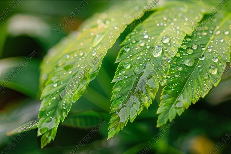 Fresh dew on vibrant green leaves