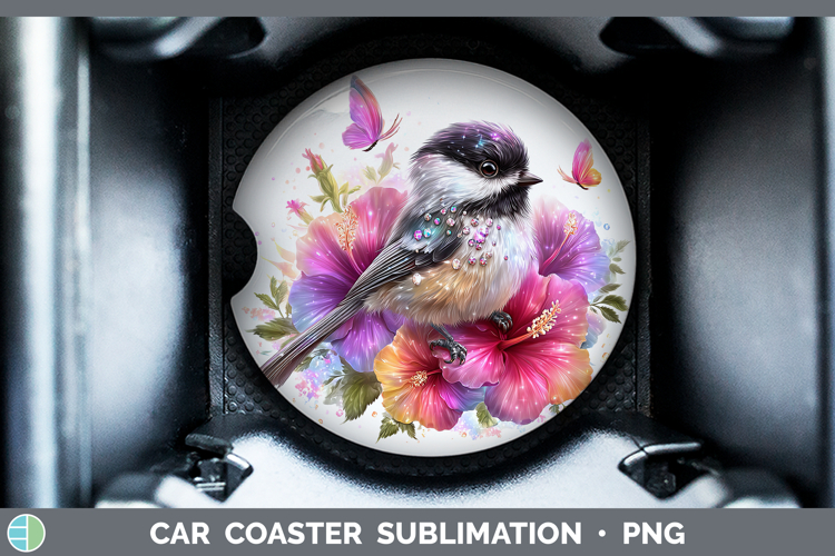 Birds 01 Floral Summer Chickadee Car Coaster Sublimation De
