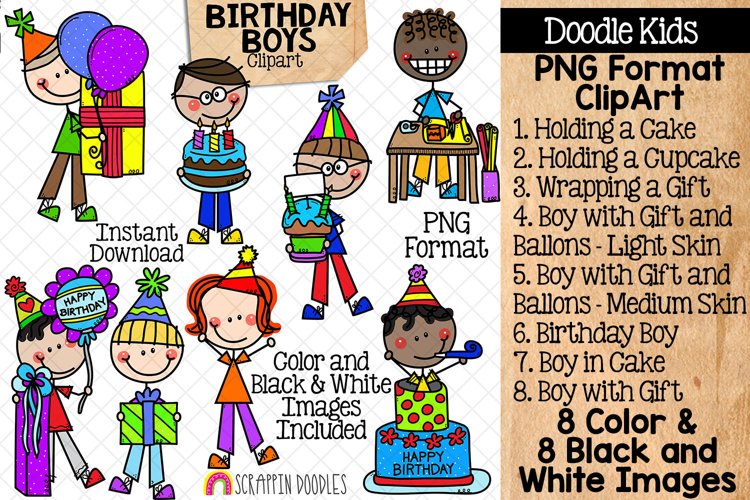 Birthday Clipart - Doodle Boys Birthday Party - Cake - Gifts