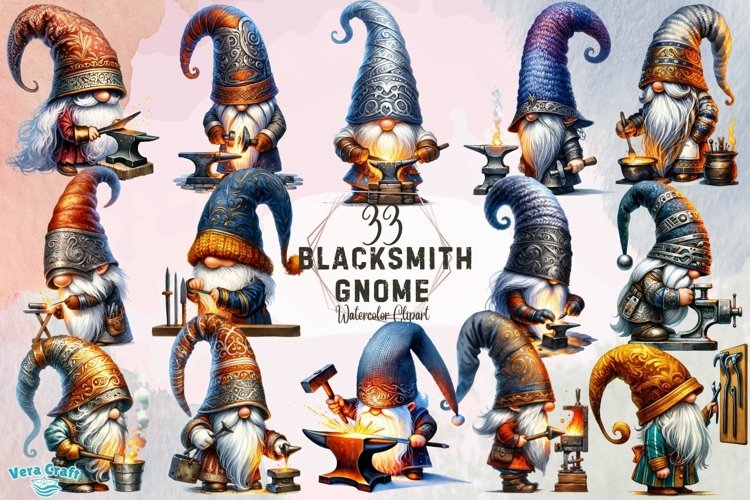 Blacksmith Gnome Watercolor Clipart - 33 Variations