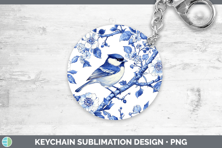 Blue Chinoiserie Birds Chickadee Keychain Sublimation Keyrin