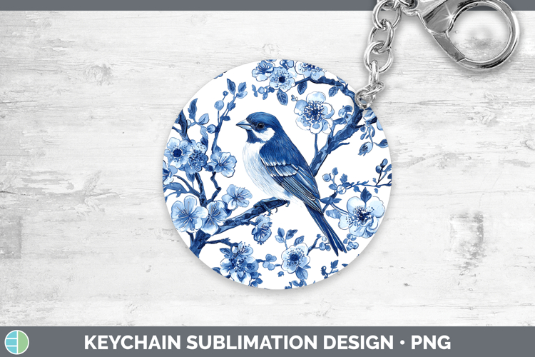 Blue Chinoiserie Birds Finch Keychain Sublimation Keyring De