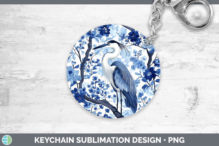 Blue Chinoiserie Birds Great Blue Heron Keychain Sublimation