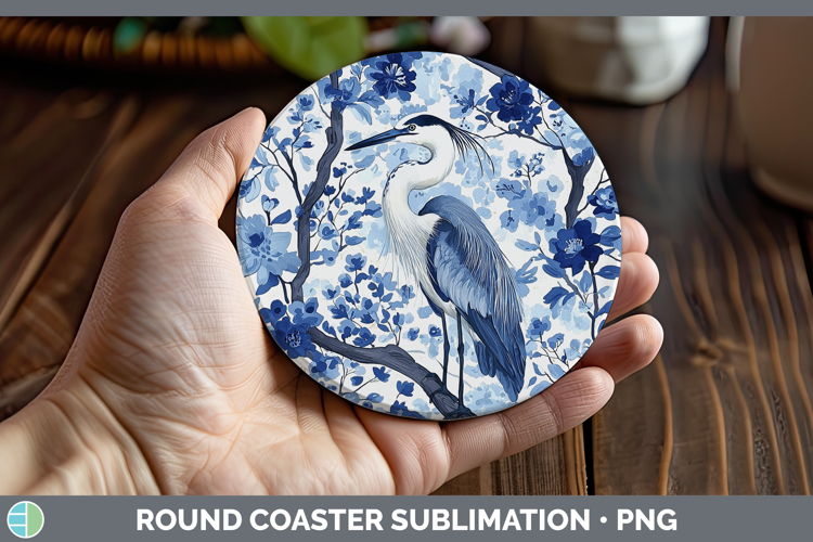 Blue Chinoiserie Birds Great Blue Heron Round Coaster Sublim