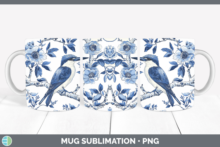 Blue Chinoiserie Birds Kingfisher Mug Wrap Sublimation Coffe
