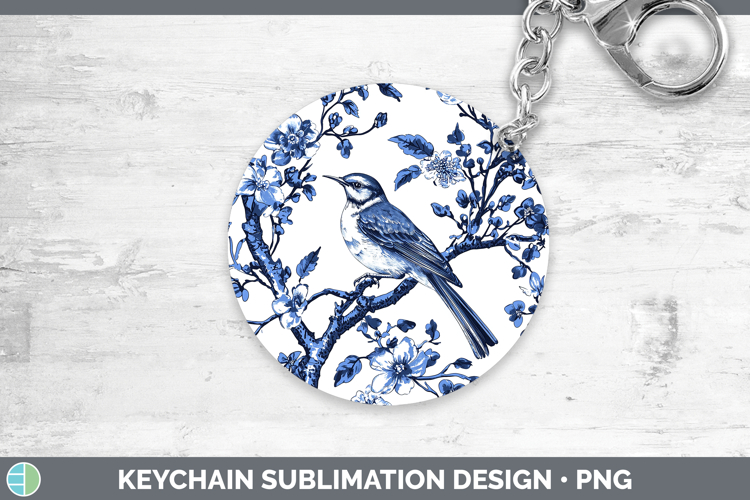 Blue Chinoiserie Birds Mockingbird Keychain Sublimation Keyr