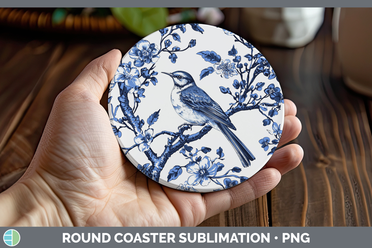 Blue Chinoiserie Birds Mockingbird Round Coaster Sublimation