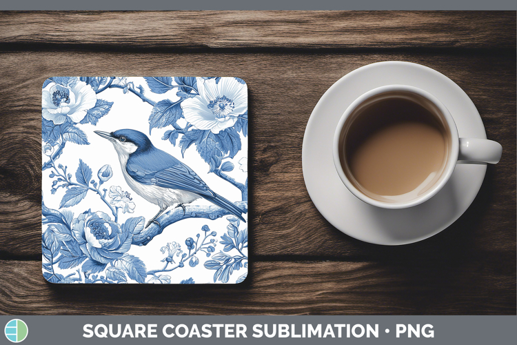 Blue Chinoiserie Birds Nuthatch Square Coaster Sublimation C