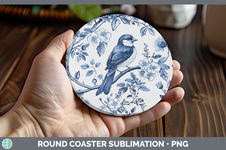 Blue Chinoiserie Birds Pine Grosbeak Round Coaster Sublimati