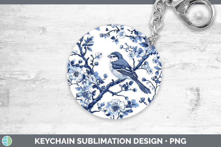 Blue Chinoiserie Birds Sparrow Keychain Sublimation Keyring