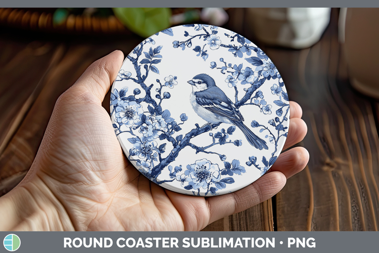 Blue Chinoiserie Birds Sparrow Round Coaster Sublimation Coa
