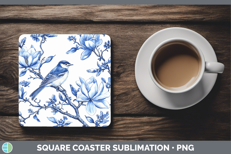 Blue Chinoiserie Birds Warbler Square Coaster Sublimation Co