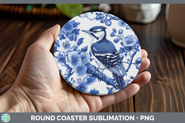 Blue Chinoiserie Birds Woodpecker Downy Round Coaster Sublim