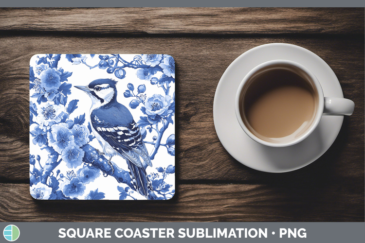 Blue Chinoiserie Birds Woodpecker Downy Square Coaster Subli