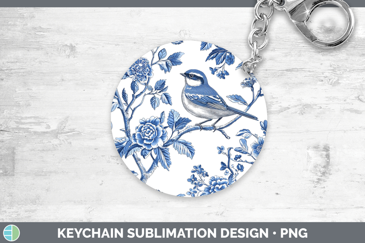 Blue Chinoiserie Birds Wren Keychain Sublimation Keyring Des