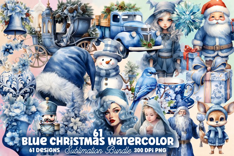 Blue Christmas Watercolor Clipart Bundle, Blue Christmas