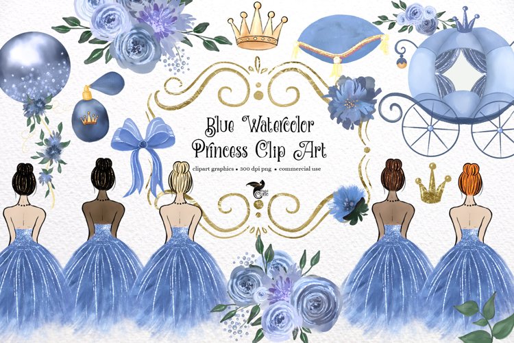 Blue Watercolor Princess Clipart (1428448) | Illustrations | Design Bundles