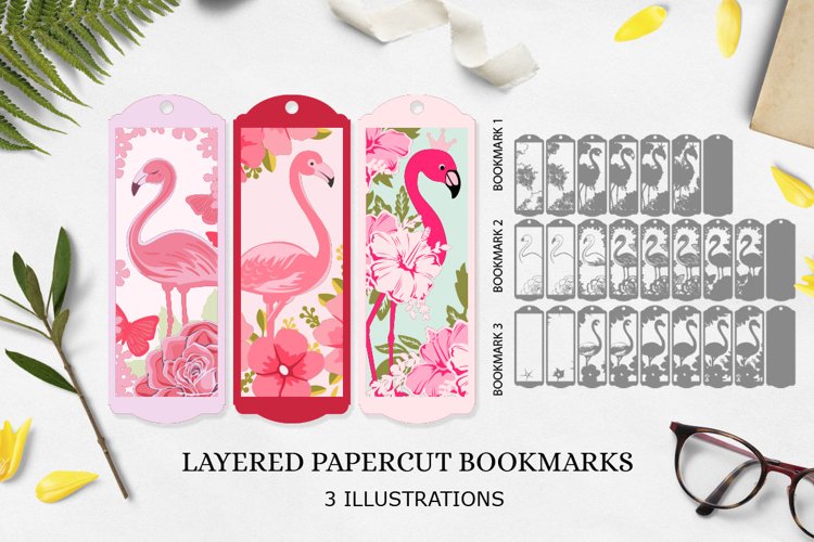 Flamingo with flowers bookmarks layered paper cut