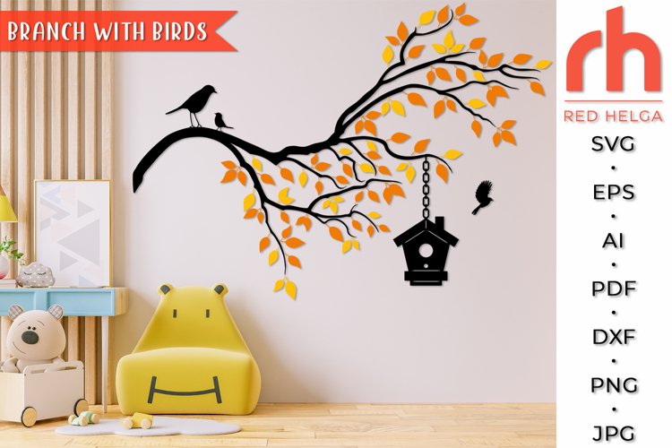 Branch with Birds SVG, Fall Tree Cut File, Autumn Wall Decor