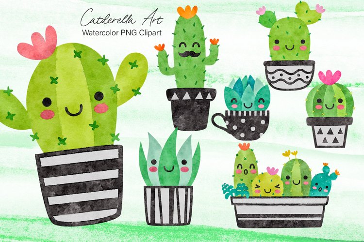 Watercolor Cute Cactus Succulent with Faces PNG Clipart