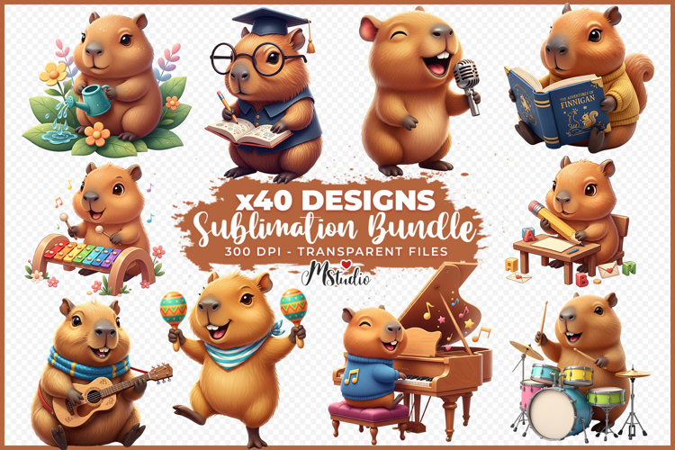 Cute Capybara Sublimation Bundle 40 PNG Designs
