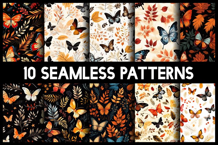 10 Seamless Autumn Leaves with Butterflies Patterns Bundle