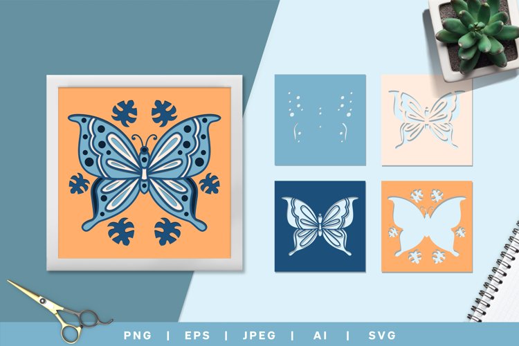3D Papercut Butterfly with Monstera Leaves Layered Template