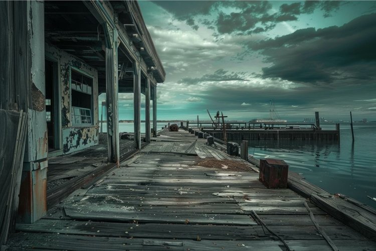 Abandoned dockside pathway under moody sky