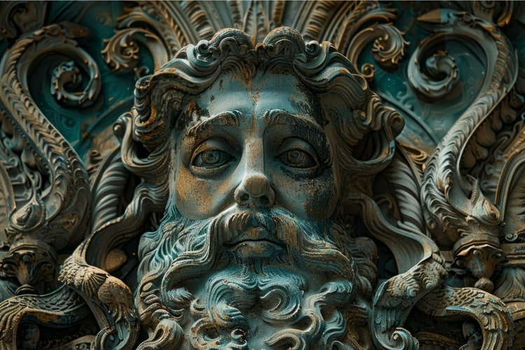 Antique bronze sculpted face with ornate details