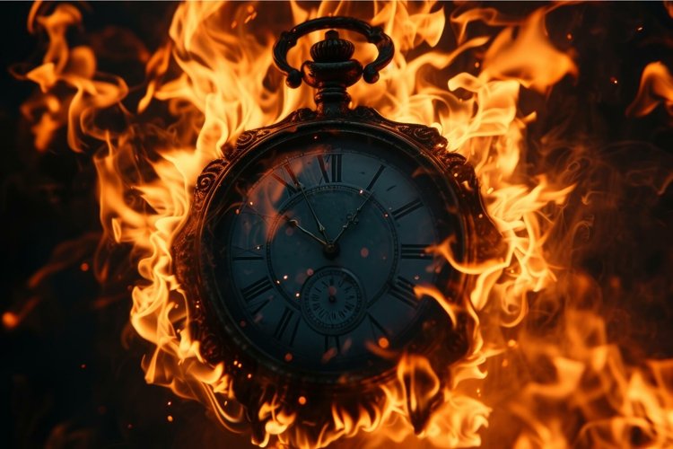 Time on fire: antique pocket watch engulfed in flames
