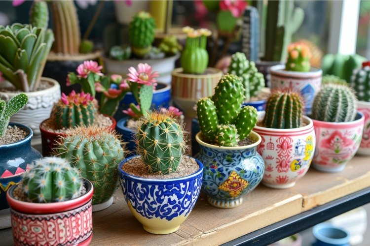Assorted cacti collection in colorful pots