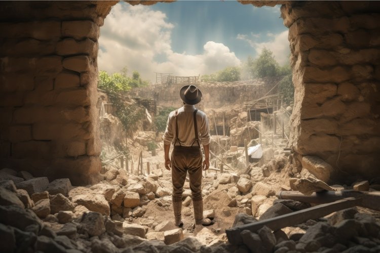 Archaeologist man ruin excavation. Generate AI