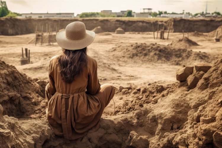 Woman archaeologist dig ground. Generate Ai